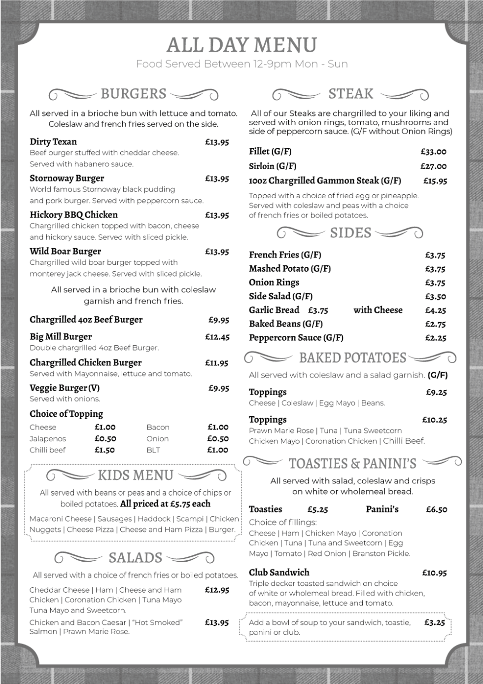 All Day Menu | The Dutch Mill Hotel