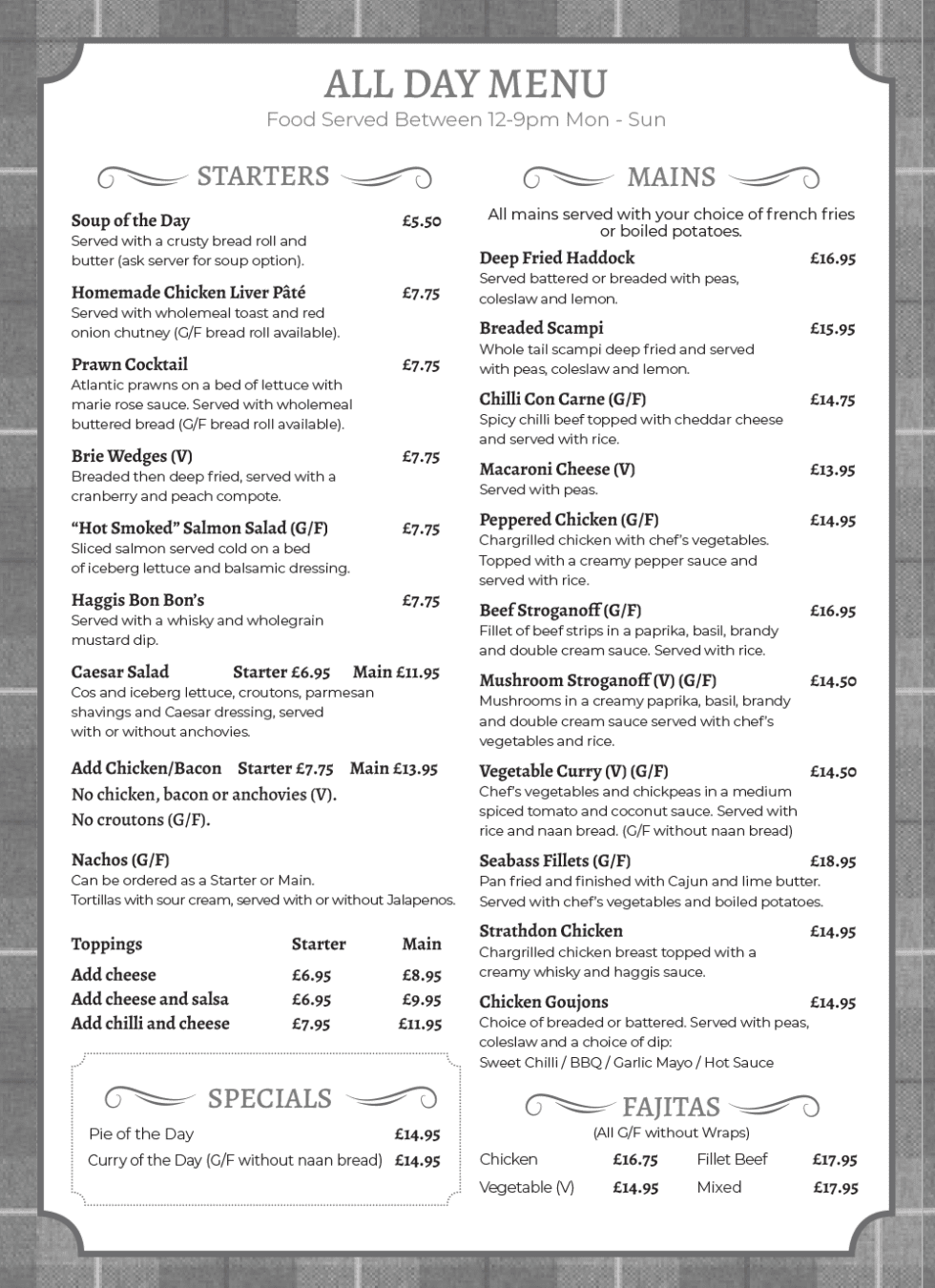 All Day Menu | The Dutch Mill Hotel